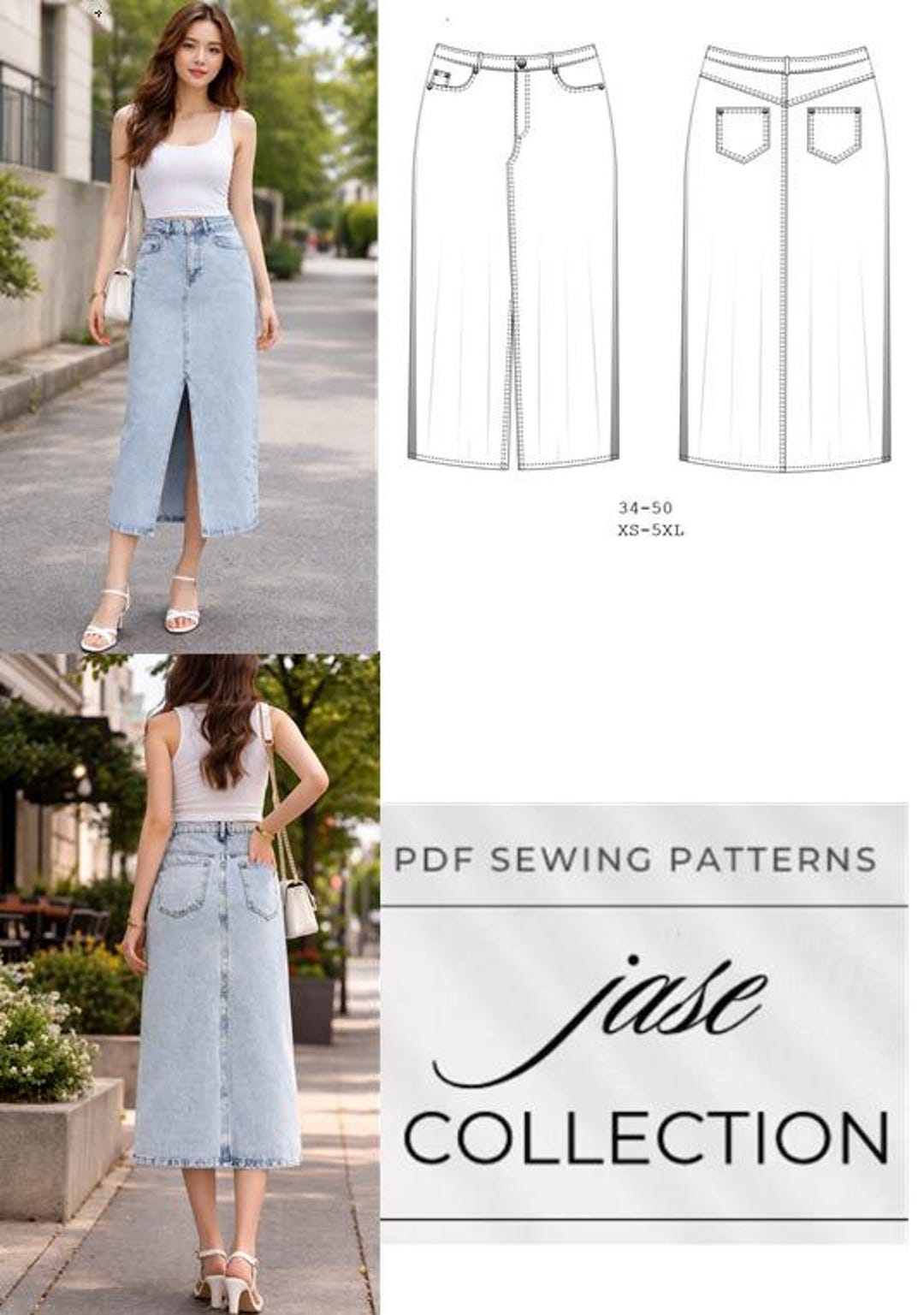Denim Midi Skirt Sewing Pattern High Waist Front Slit PDF A4 XS XXL - Etsy