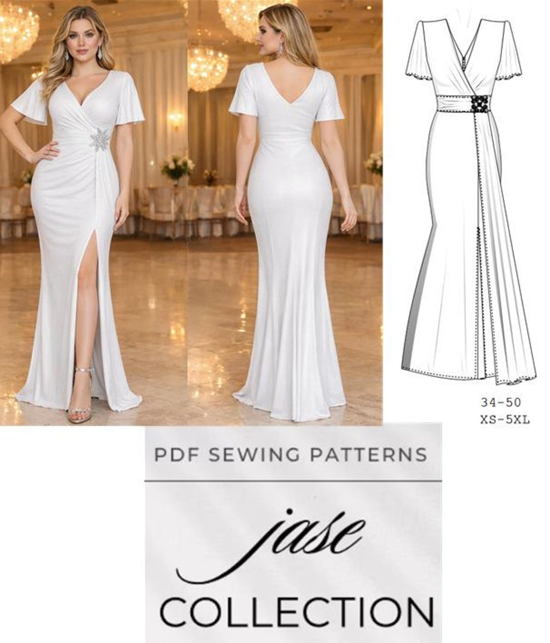 Elegant Evening Dress Sewing Pattern PDF Draped V Neck Formal Gown ...