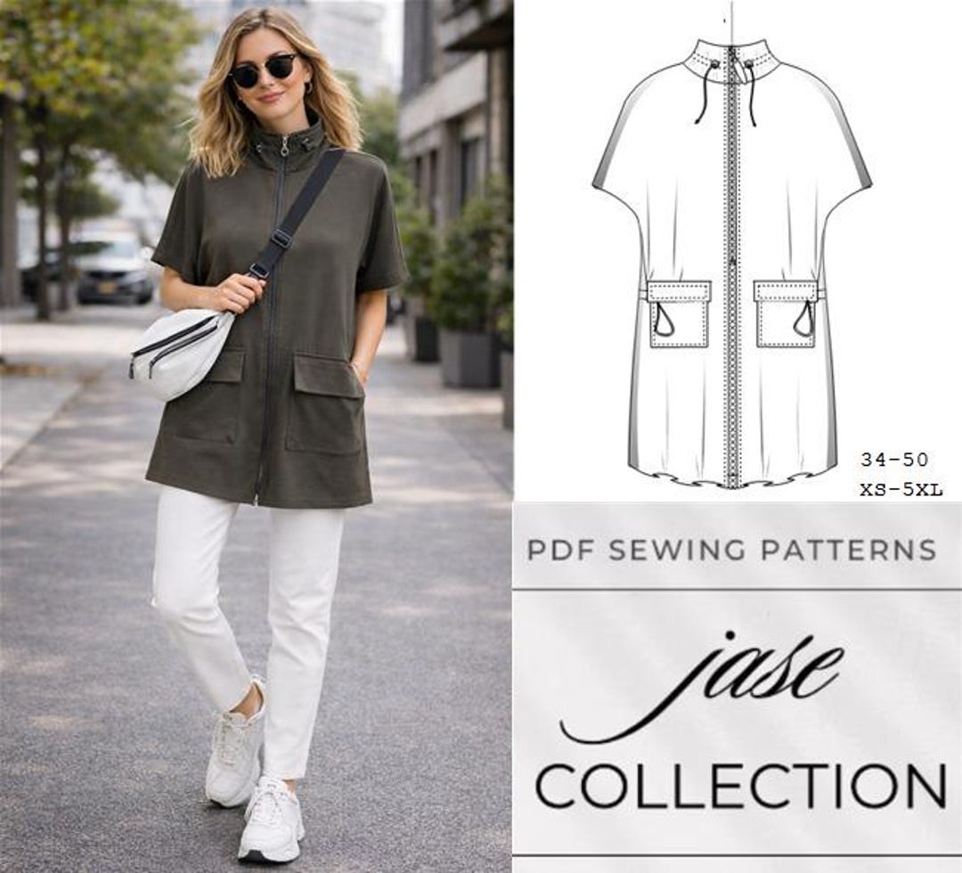 Zip Front Tunic Sewing Pattern PDF – High Neck Short Sleeve Tunic ...