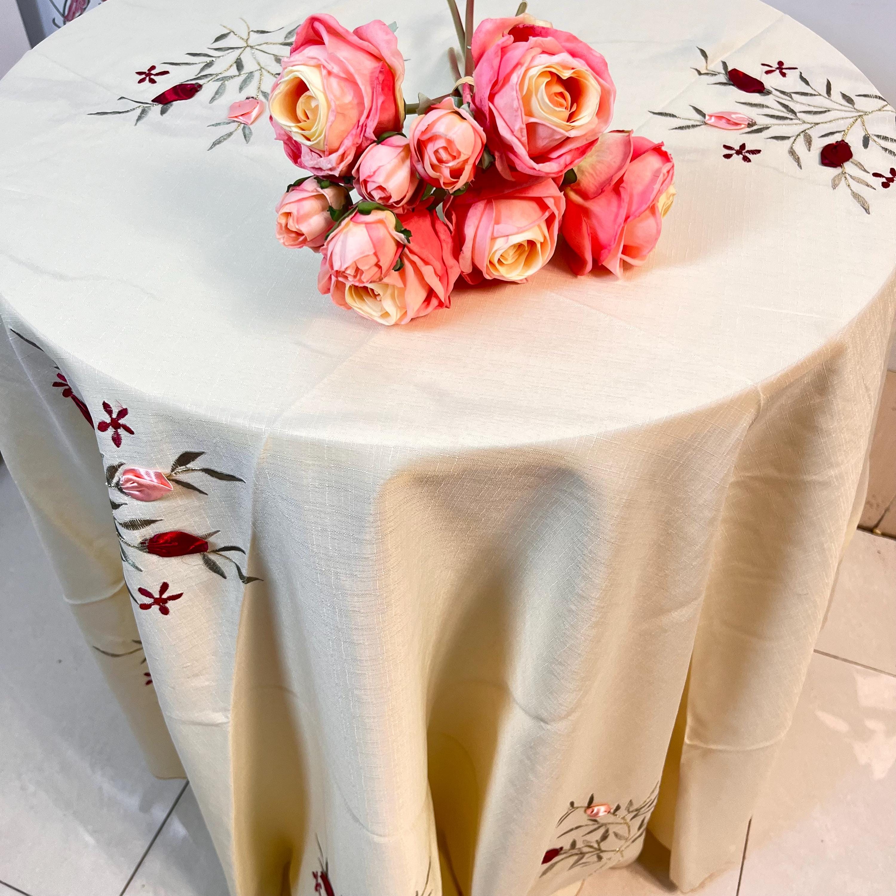3D Floral Embroidered Round Tablecloth | Slub Cotton Fabric | Elegant ...
