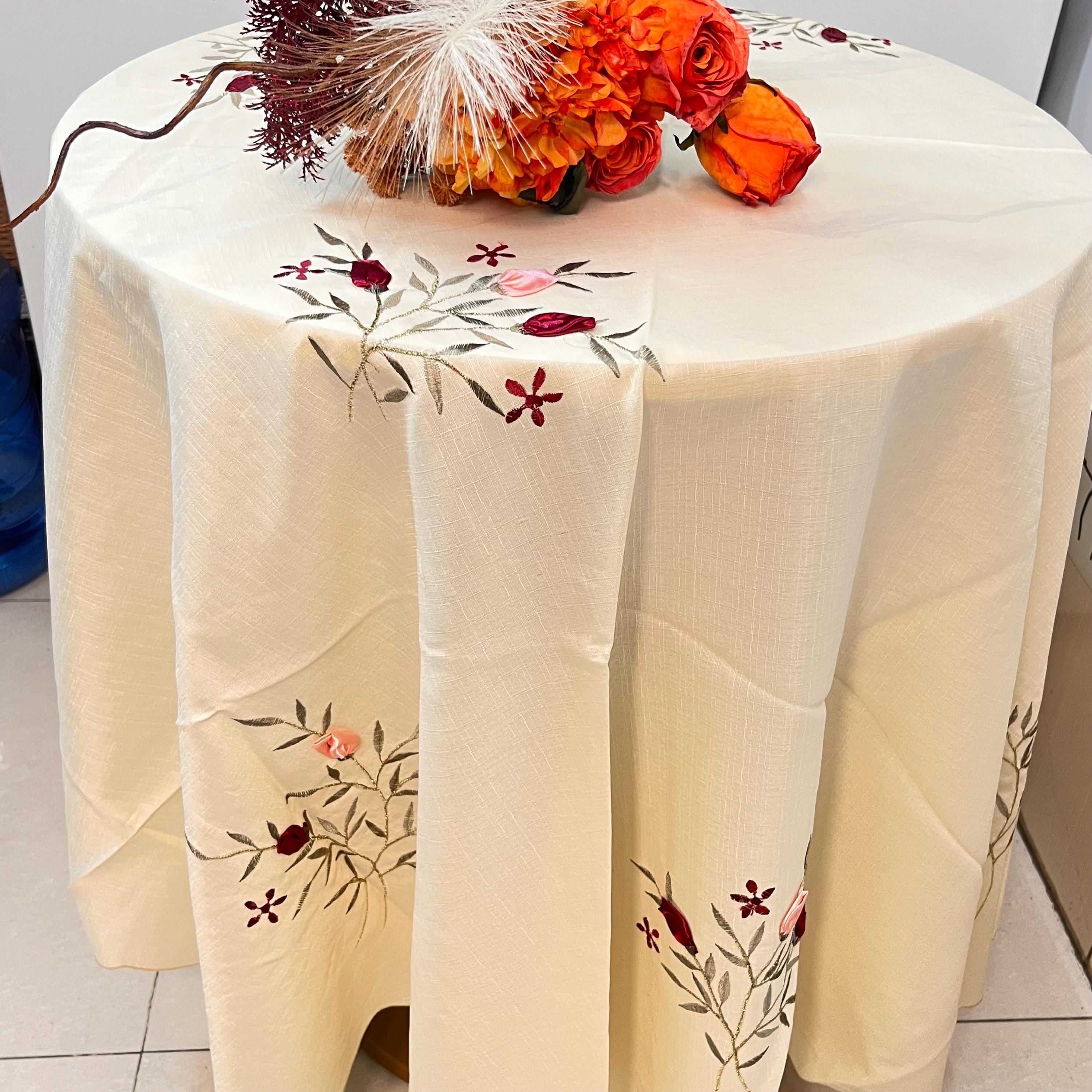 3D Floral Embroidered Round Tablecloth | Slub Cotton Fabric | Elegant ...