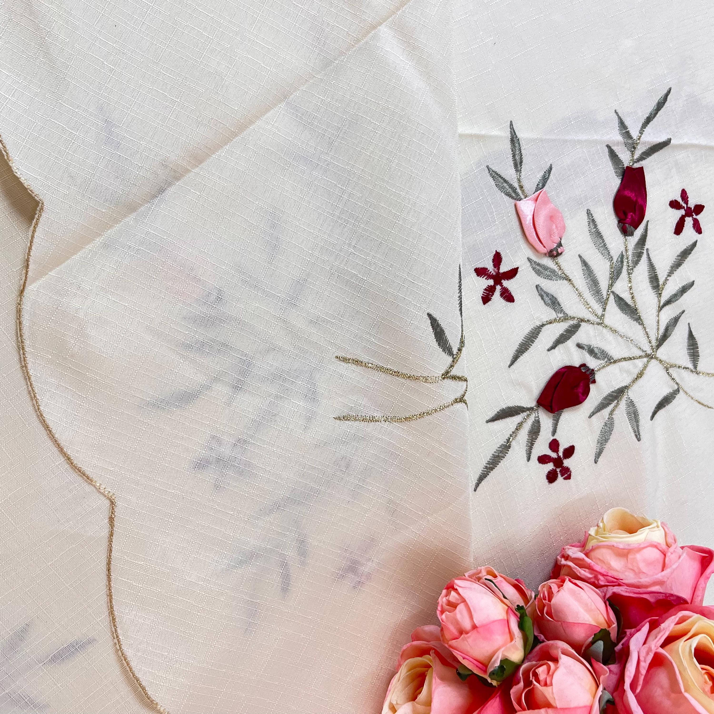 3D Floral Embroidered Round Tablecloth | Slub Cotton Fabric | Elegant ...