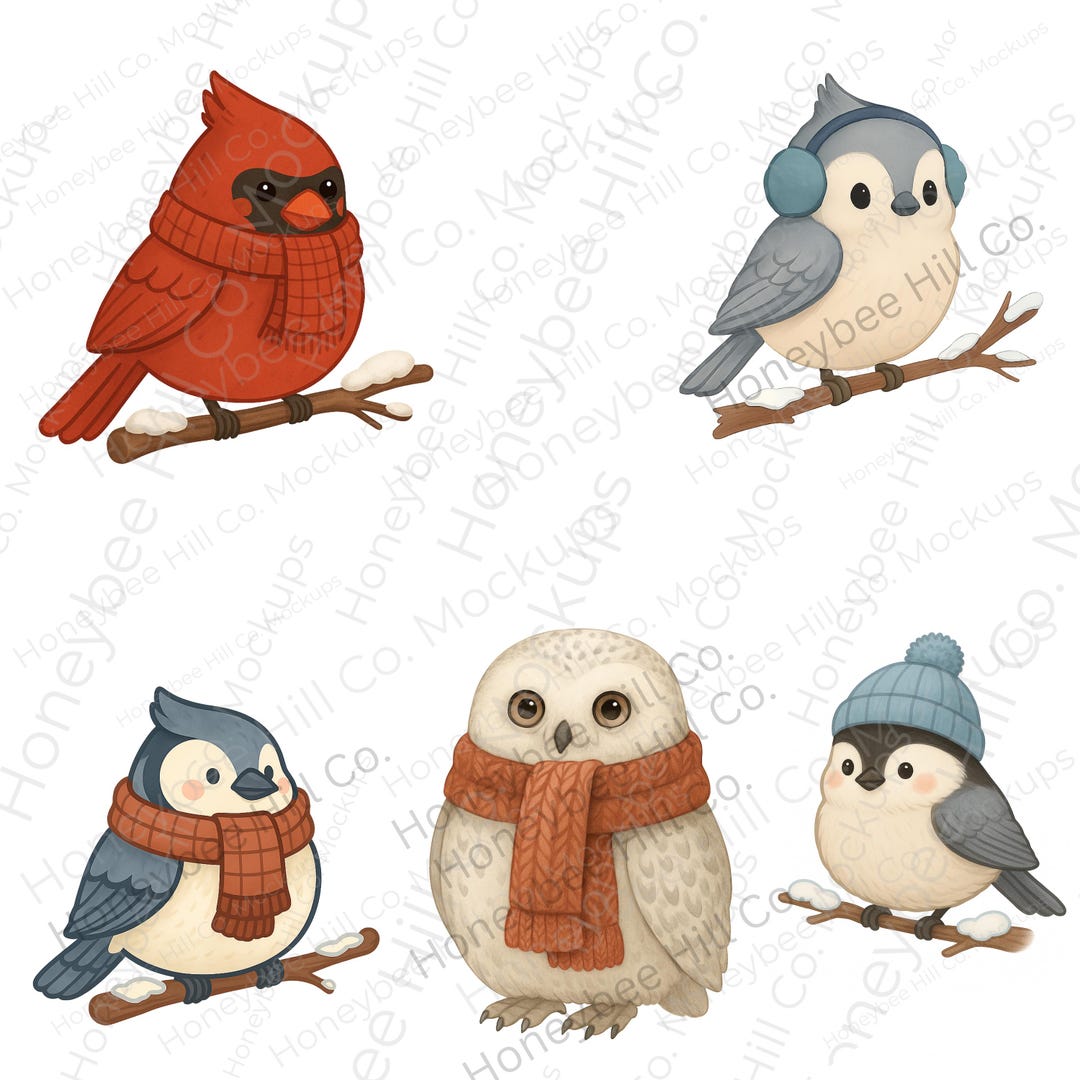 Cozy Winter Birds Clipart | 11 Pngs | Blue Jay, Cardinal, Chickadee ...