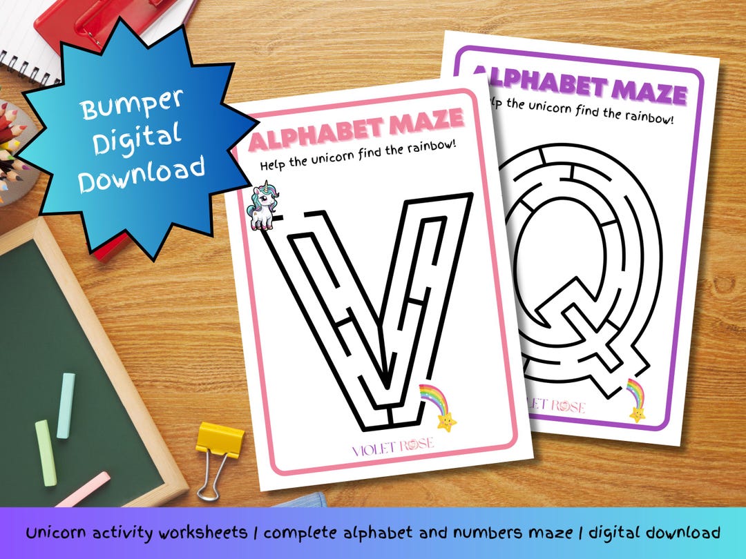 Alphabet Maze Workbook Numbers Maze Workbook Unicorns Workbook Unicorn ...