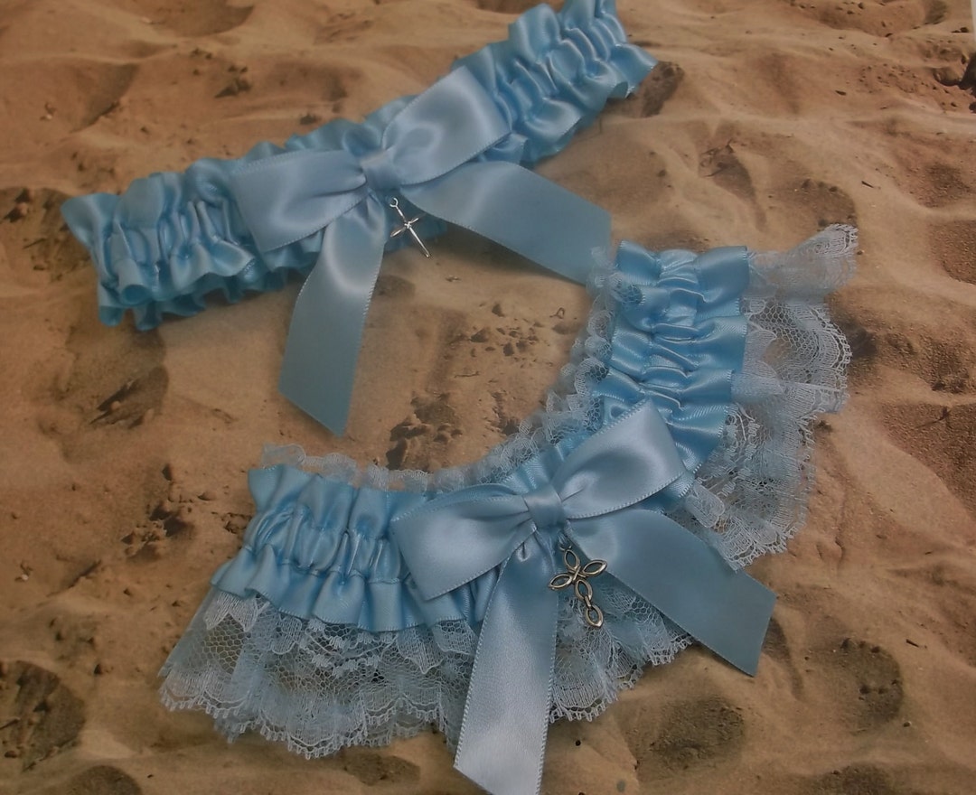 Light Blue Satin Light Blue Lace Cross Wedding Garter Set Toss - Etsy