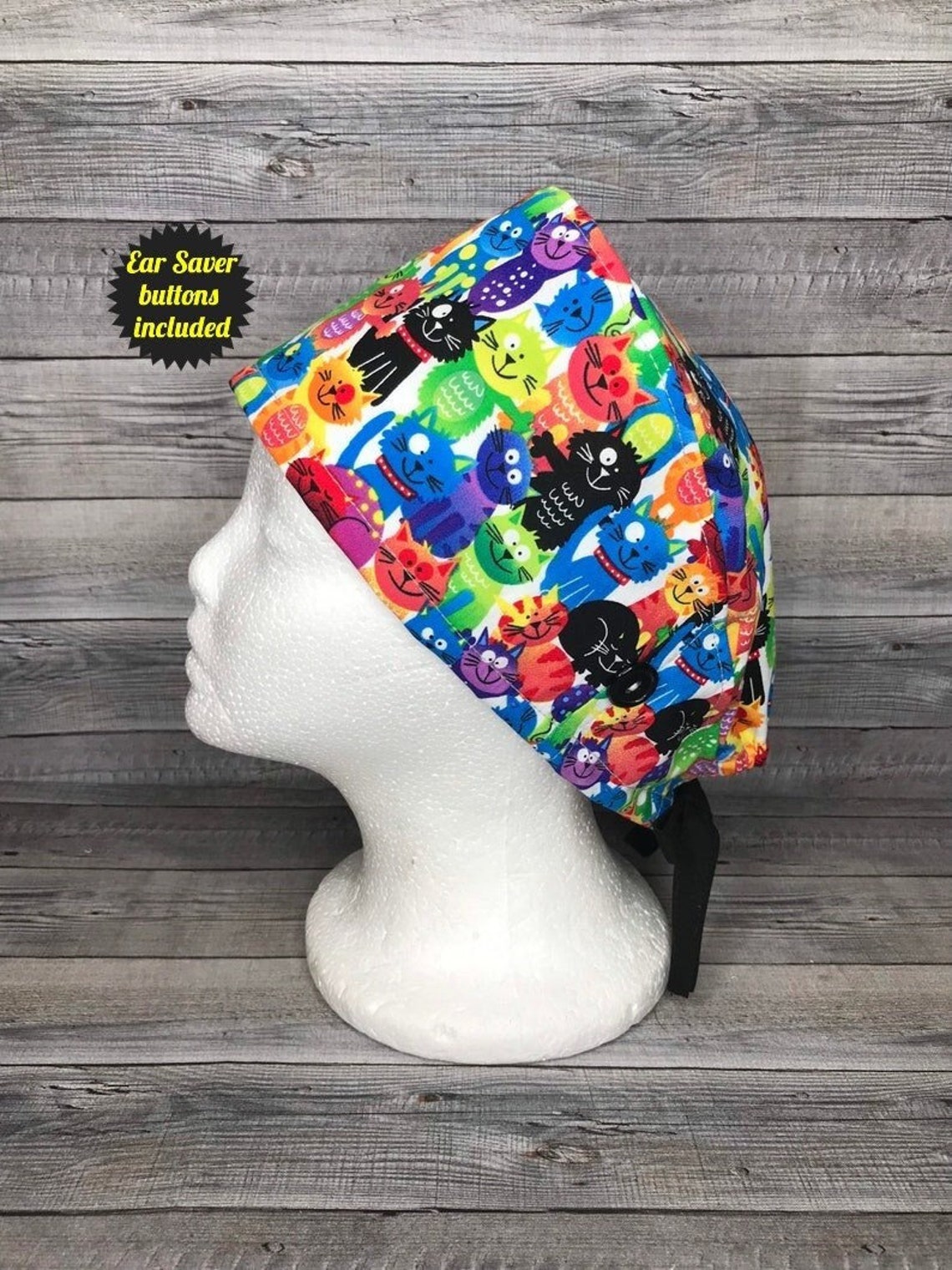 Cat Rainbow Scrub Cap/cat Nurse Hat /nurse Hat W Buttons | Etsy
