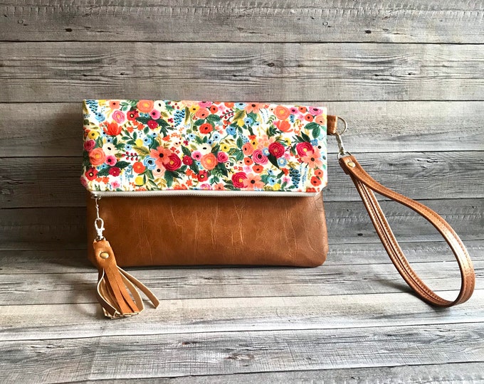 Rifle Paper Foldover Clutch With Vegan Leather Trim Tassel - Etsy