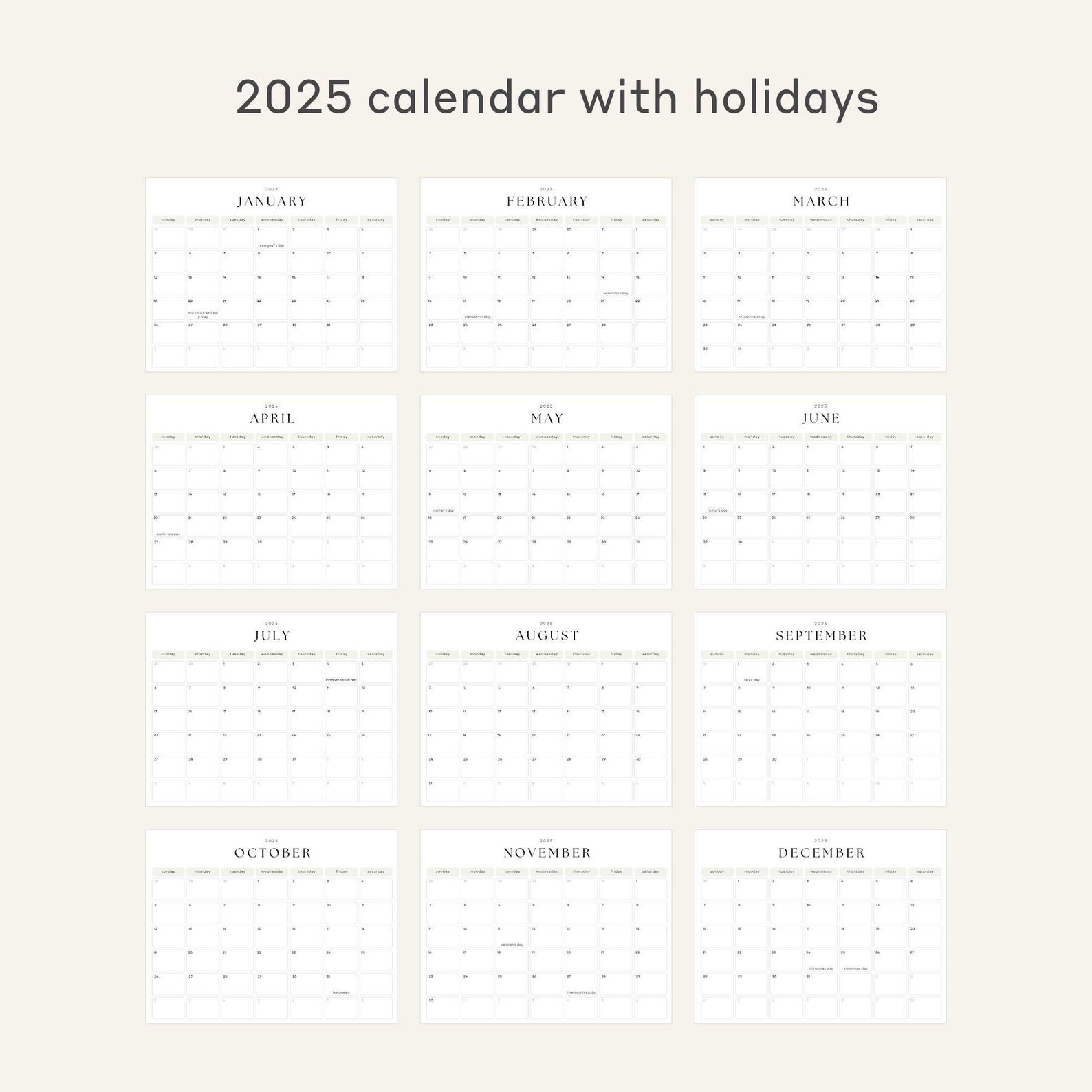 2025 Printable Calendar, Calendar With Holidays, Editable Monthly ...