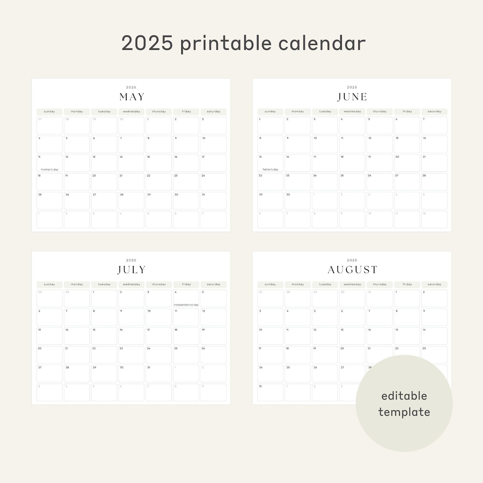 2025 Printable Calendar, Calendar With Holidays, Editable Monthly ...