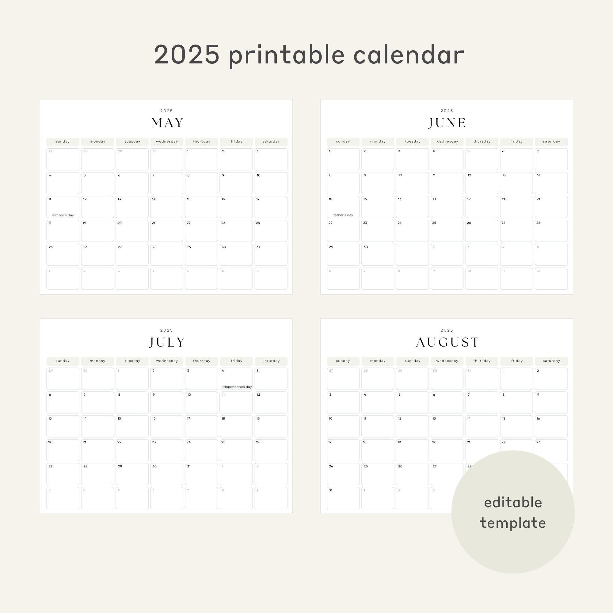 2025 Printable Calendar, Calendar With Holidays, Editable Monthly ...