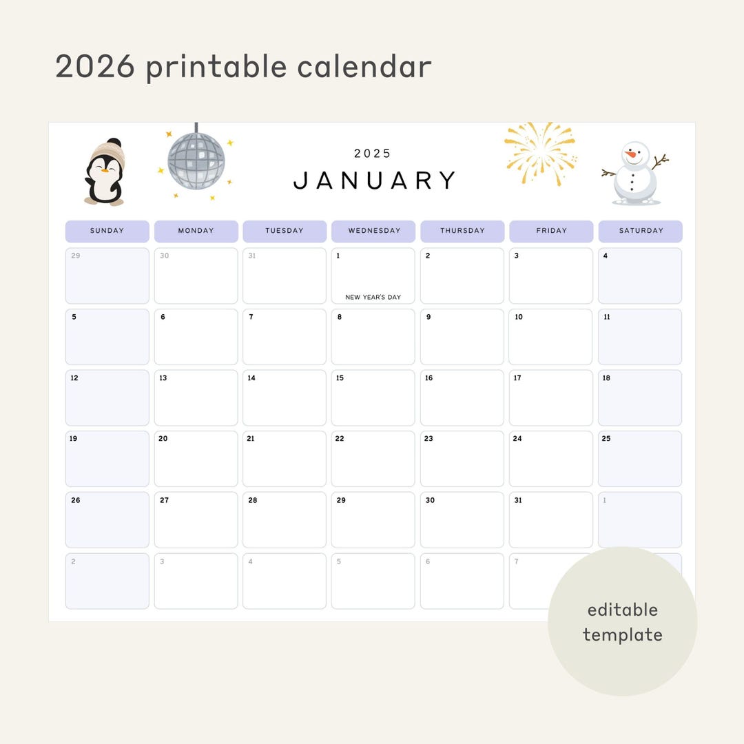 2025 Printable Calendar, Cute Kids Calendar, Editable Monthly Calendar ...