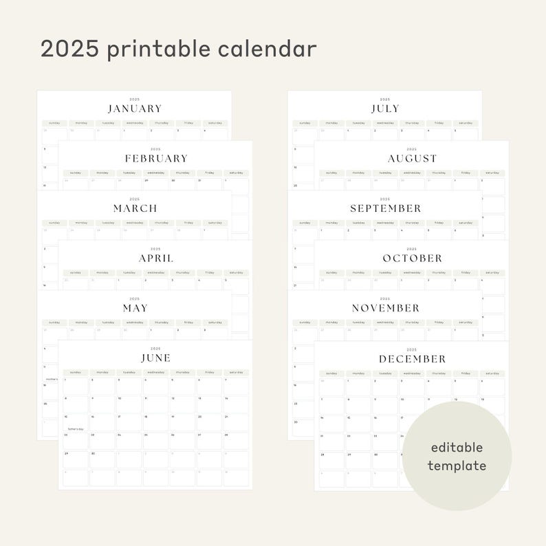 2025 Printable Calendar, Calendar With Holidays, Editable Monthly ...