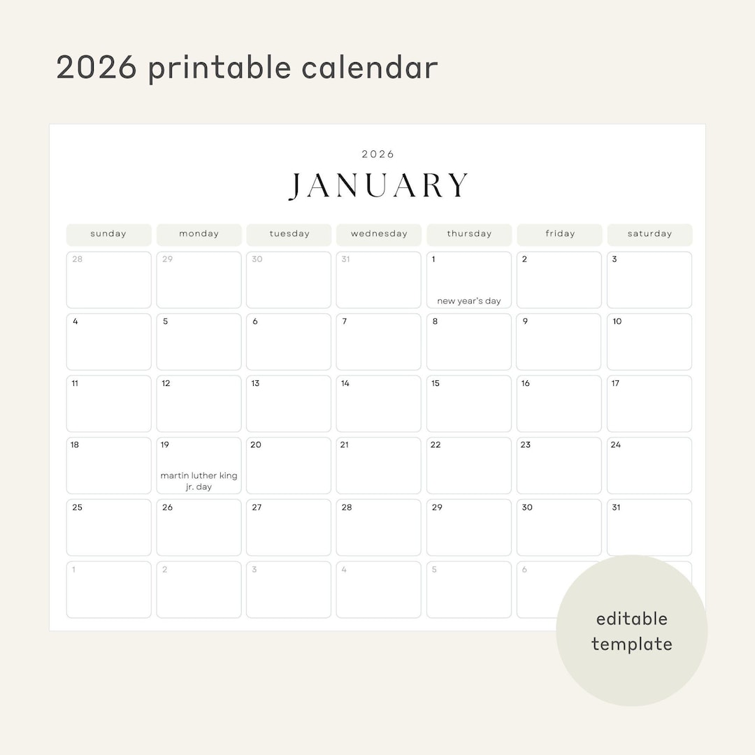 2026 Printable Calendar, Calendar With Holidays, Editable Monthly ...