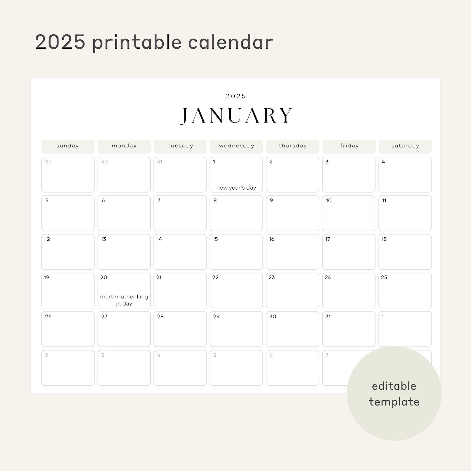 2025 Printable Calendar, Calendar With Holidays, Editable Monthly ...