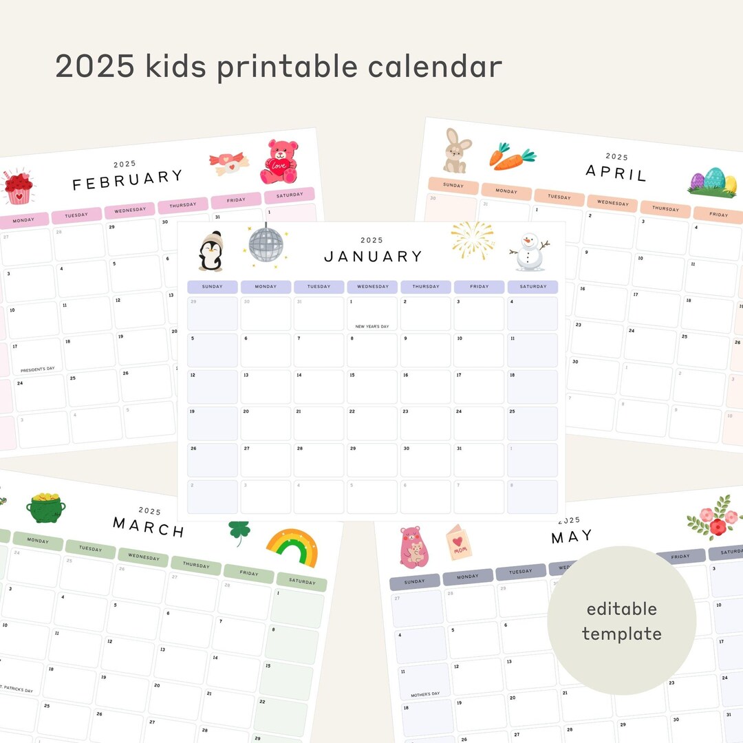 2025 Printable Calendar, Cute Kids Calendar, Editable Monthly Calendar ...