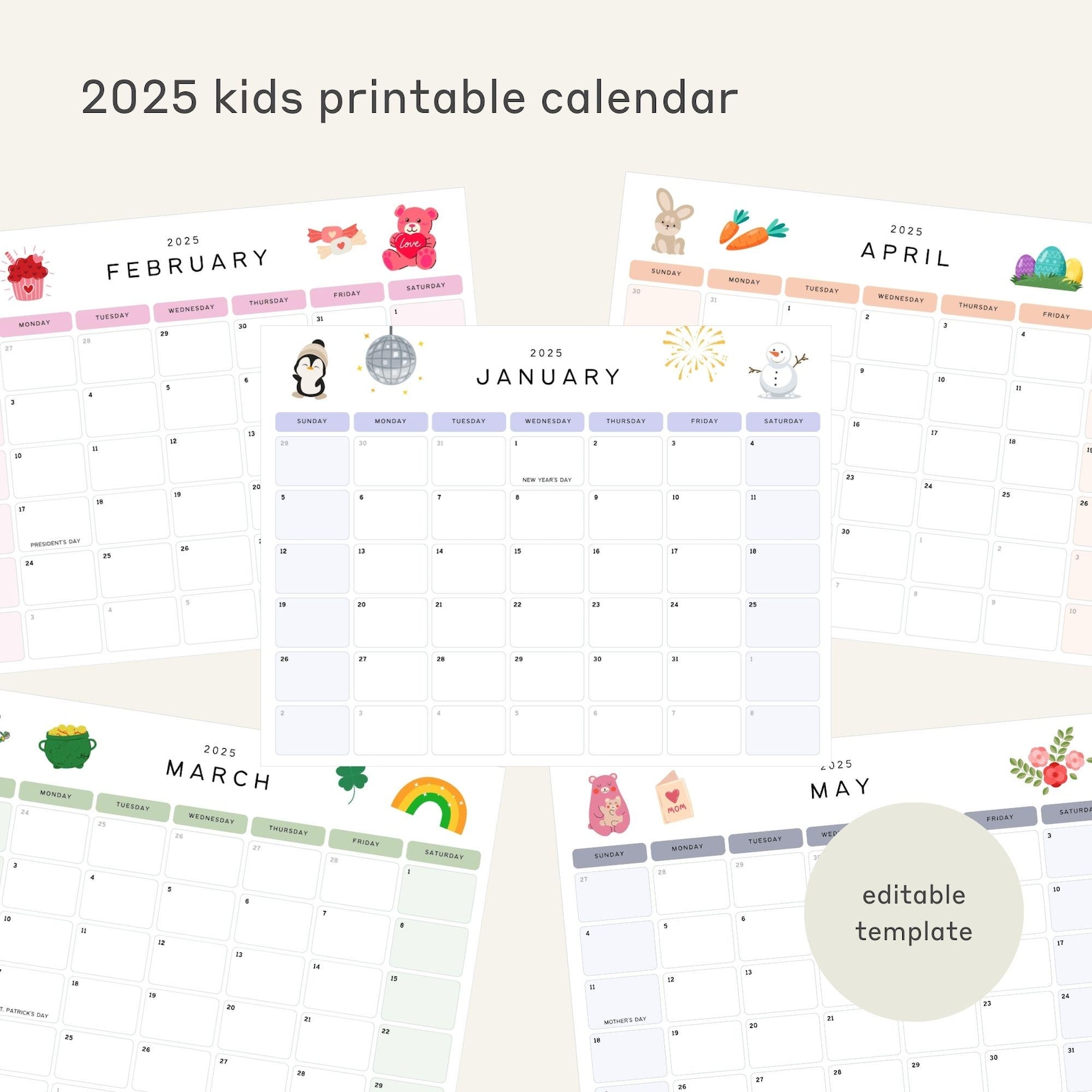 2025 Printable Calendar, Cute Kids Calendar, Editable Monthly Calendar ...