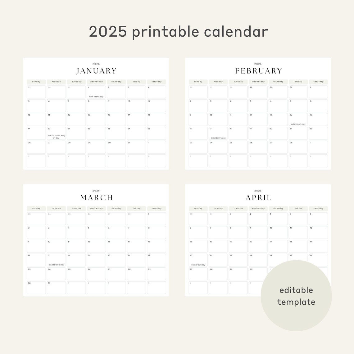 2025 Printable Calendar, Calendar With Holidays, Editable Monthly ...