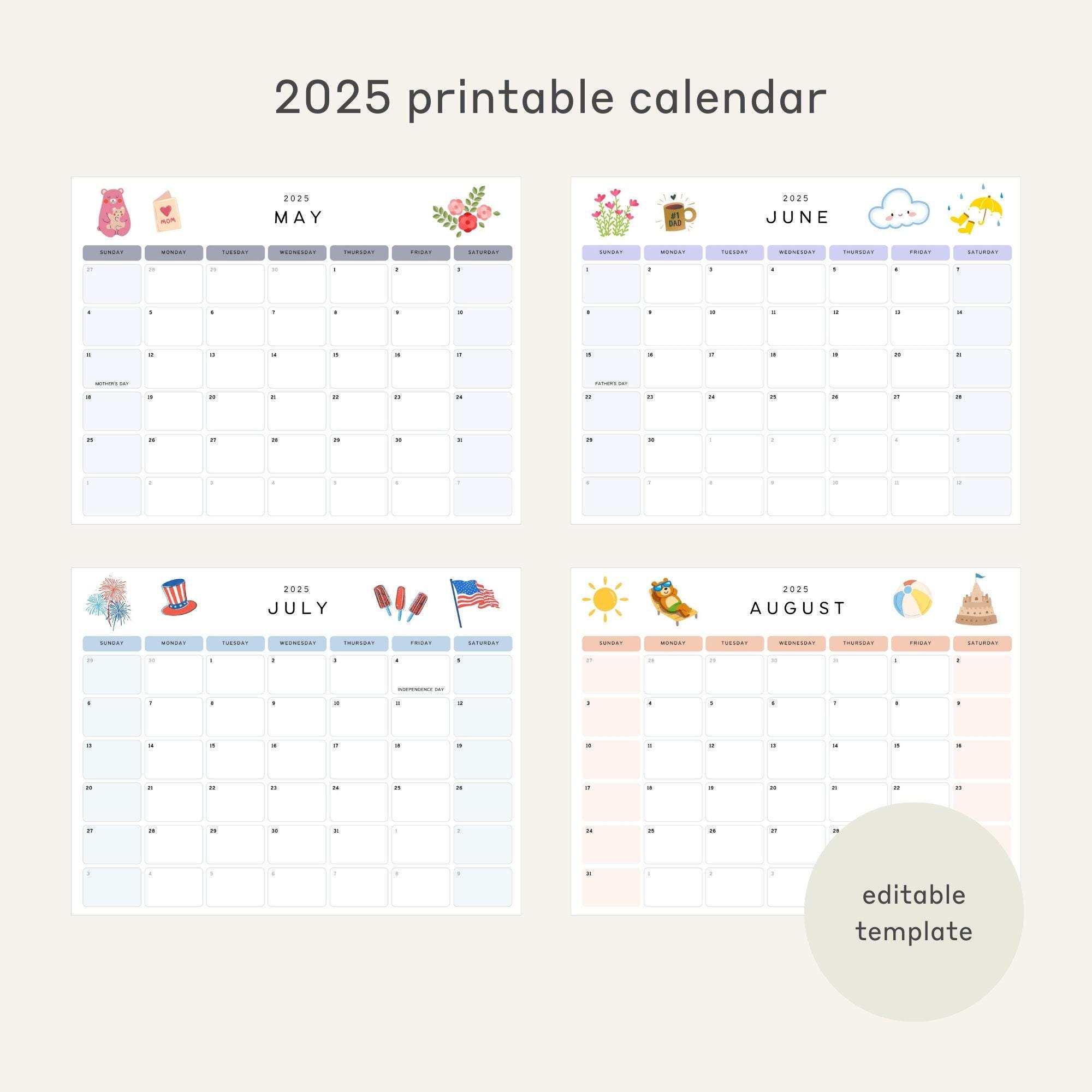 2025 Printable Calendar, Cute Kids Calendar, Editable Monthly Calendar ...