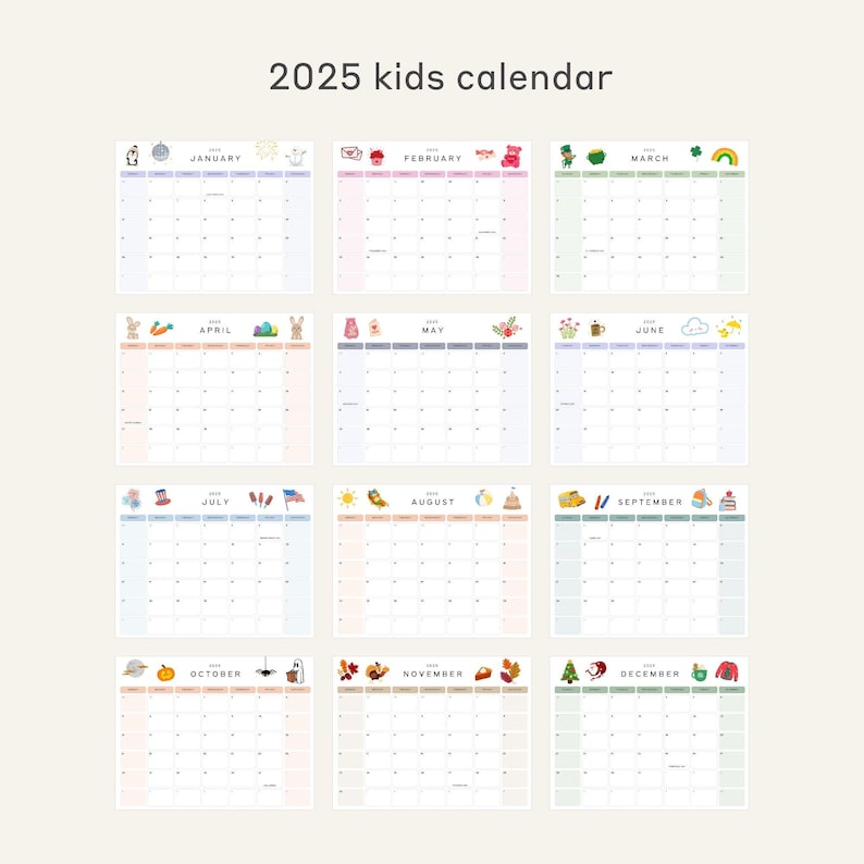 2025 Printable Calendar, Cute Kids Calendar, Editable Monthly Calendar ...