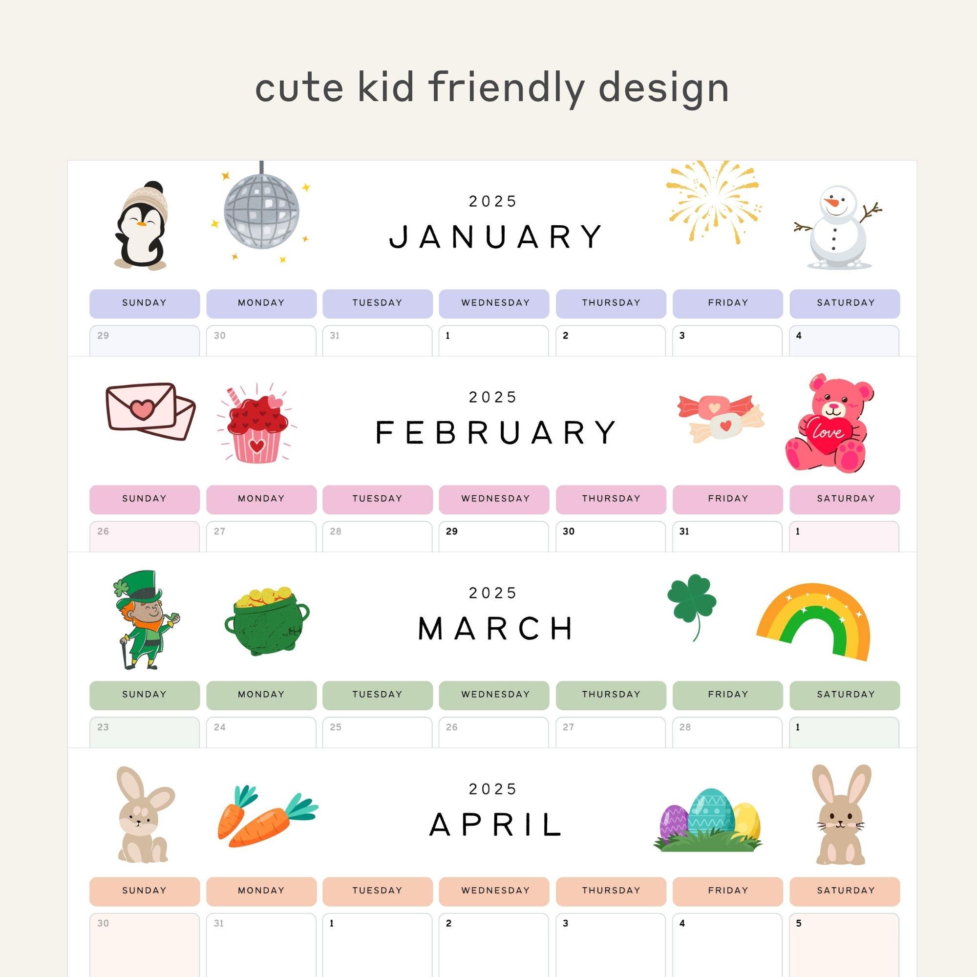 2025 Printable Calendar, Cute Kids Calendar, Editable Monthly Calendar ...