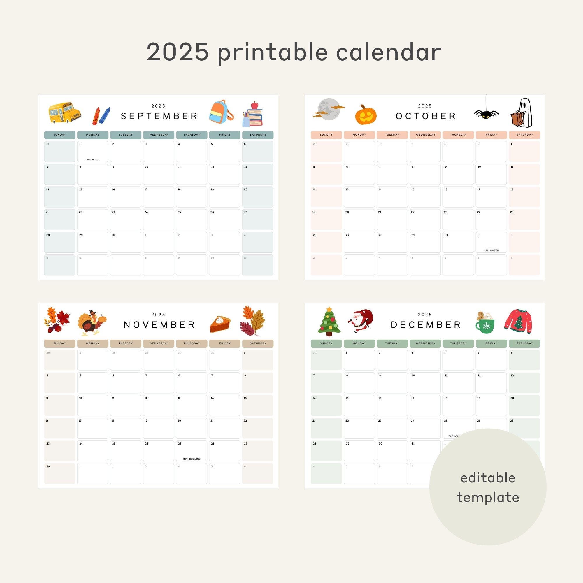 2025 Printable Calendar, Cute Kids Calendar, Editable Monthly Calendar ...