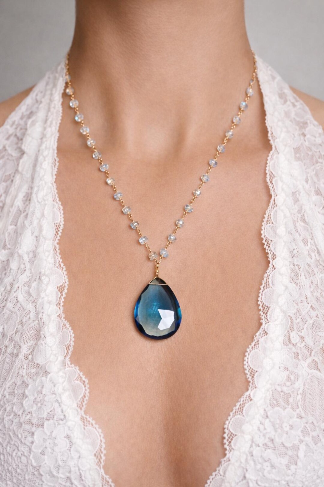 London Blue Topaz Teardrop Necklace With Swiss Blue Topaz Chain in 14k ...