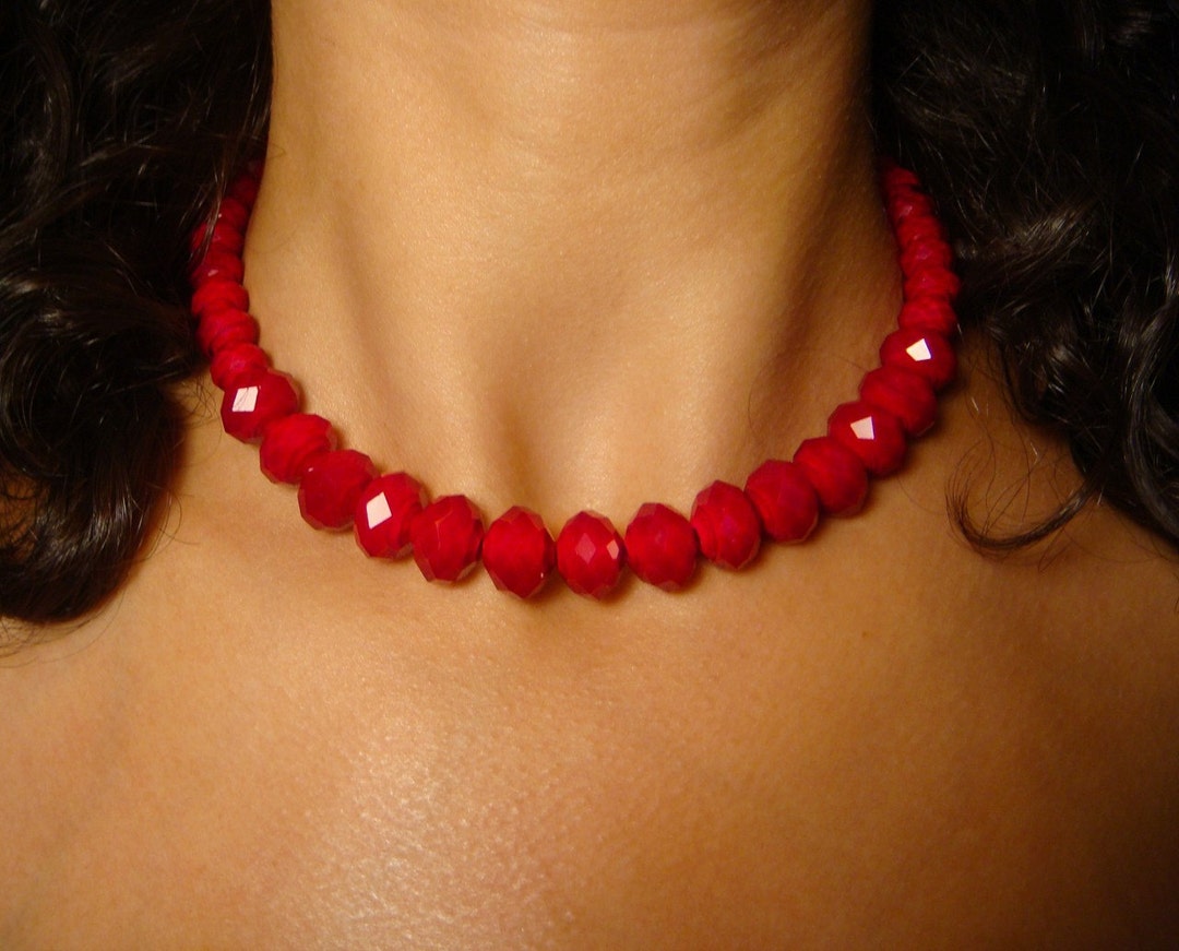 Red Crystal Bead Necklace, Round Velvet Red Crystal Beaded Choker, Ruby ...