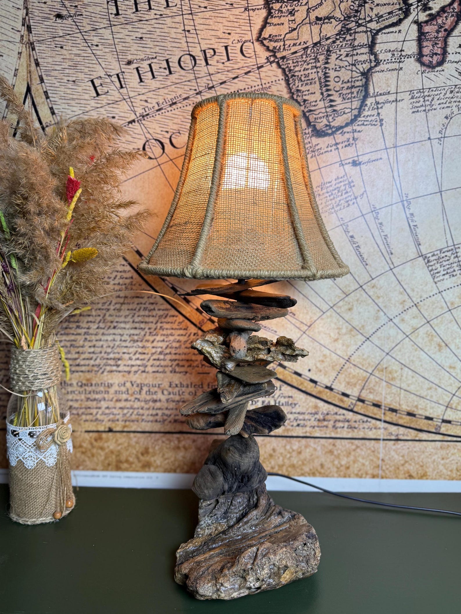 Handmade Wooden Lamp, Handmade Driftwood Lamp With Woven Shade, Rustic ...