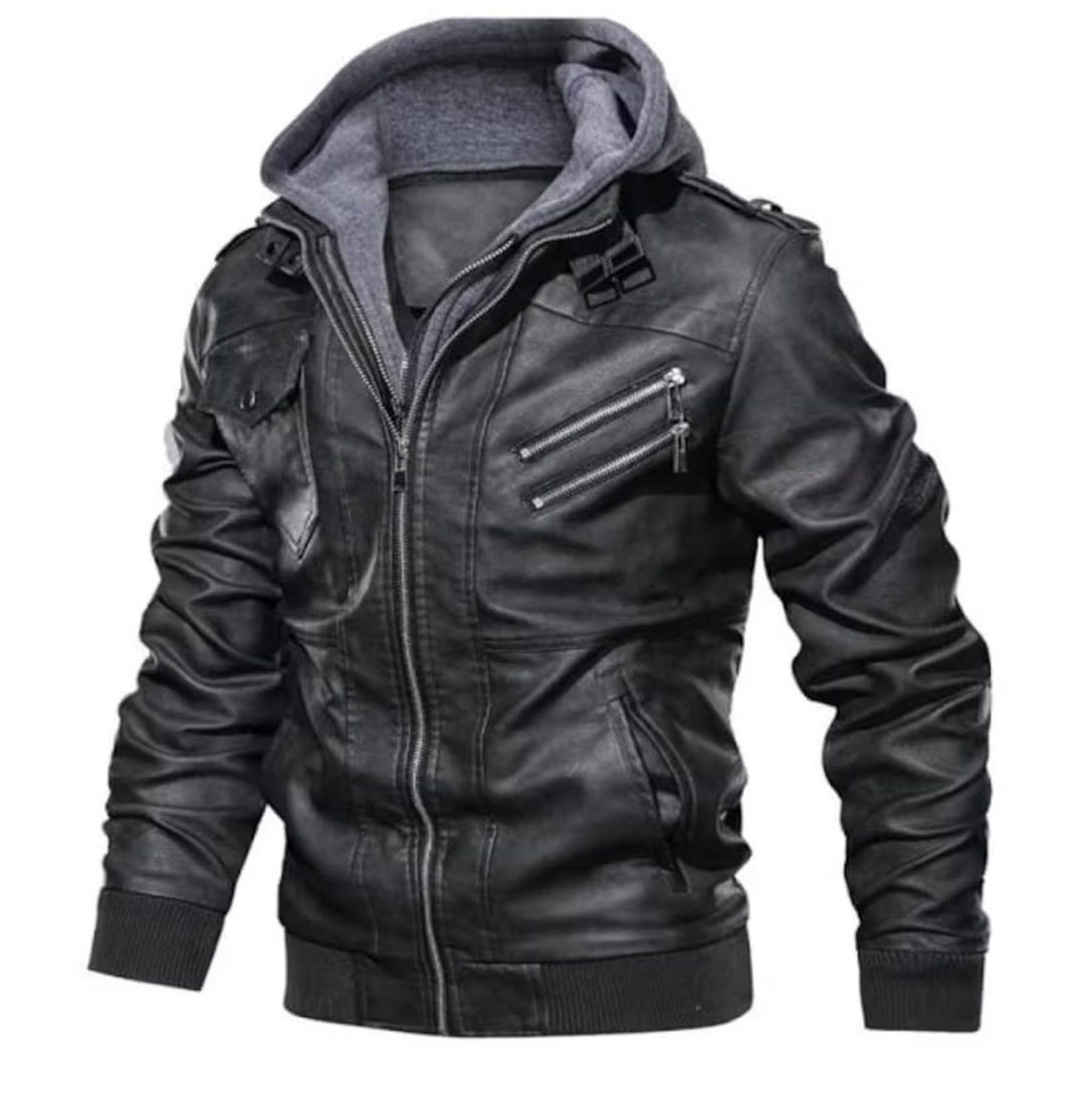 Men’s Handmade Real Leather Jacket With Removable Hood | Black Genuine ...
