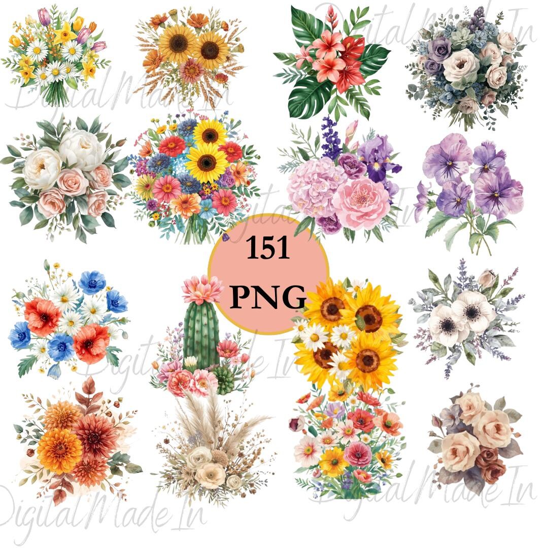 Floral Clipart Mega Bundle: 151 Watercolor Flower Bouquets (PNG ...
