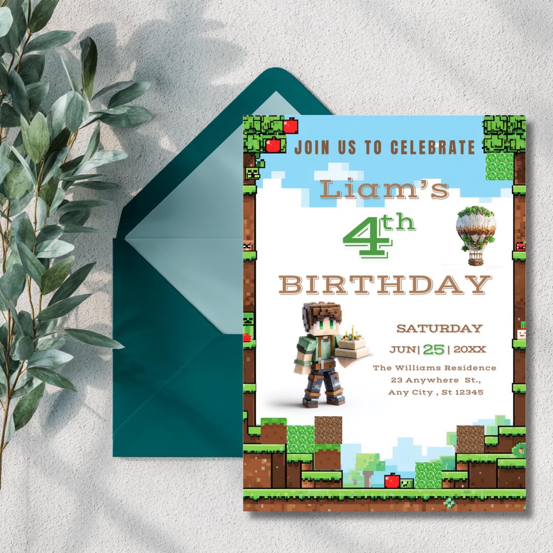 Editable Pixel Birthday Invitation, Pixel Theme Digital Template, Block ...