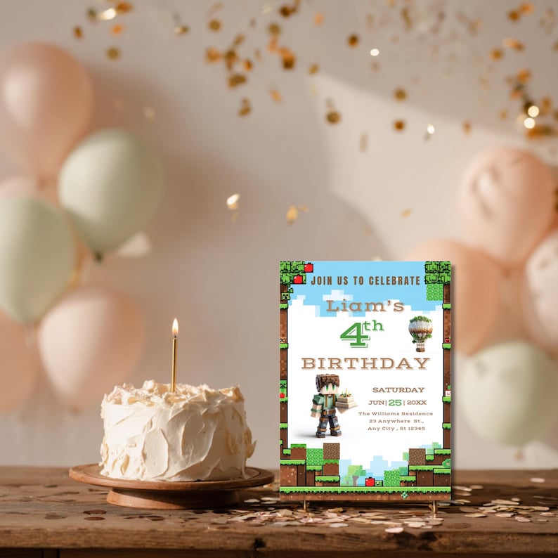 Editable Pixel Birthday Invitation, Pixel Theme Digital Template, Block ...