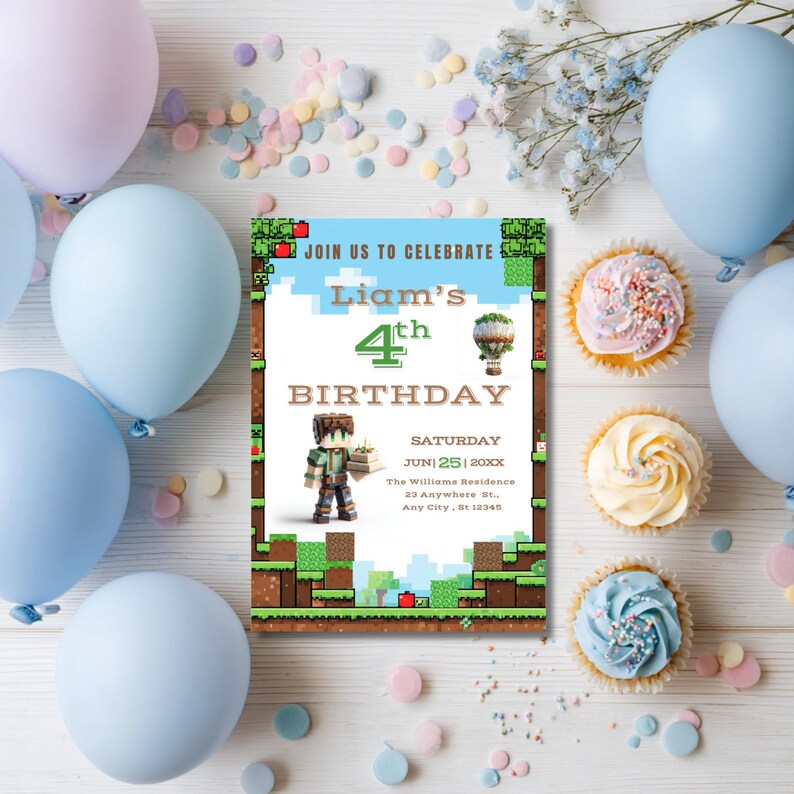 Editable Pixel Birthday Invitation, Pixel Theme Digital Template, Block ...