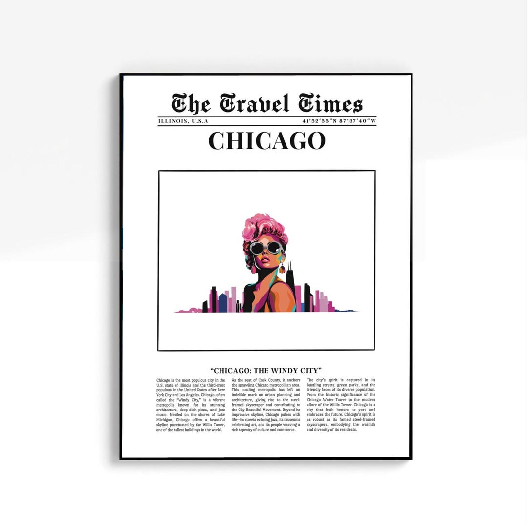 Chicago Retro Travel Newspaper Print With Artist Illustration of ...
