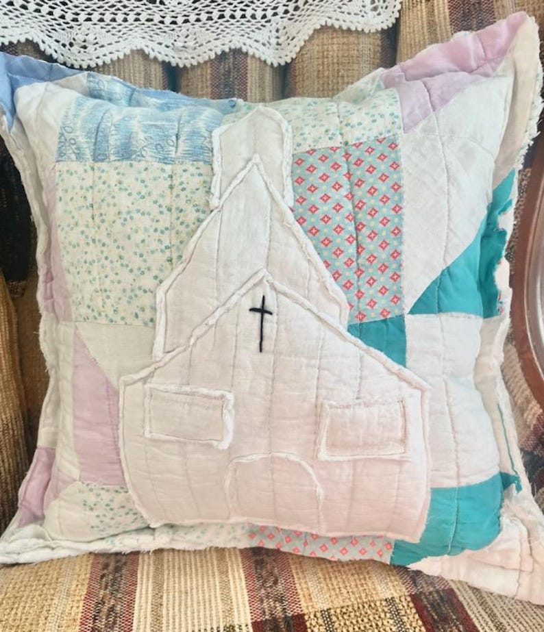 Church Quilted Pillow. Made From Vintage Quilts and Fabric. - Etsy
