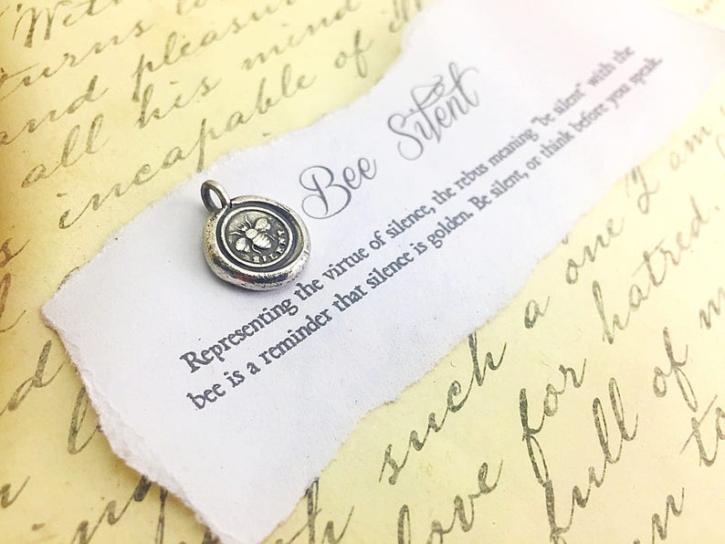 Bee Silent Pendant - Antique Wax Seal Necklace in Fine Silver - Silence ...