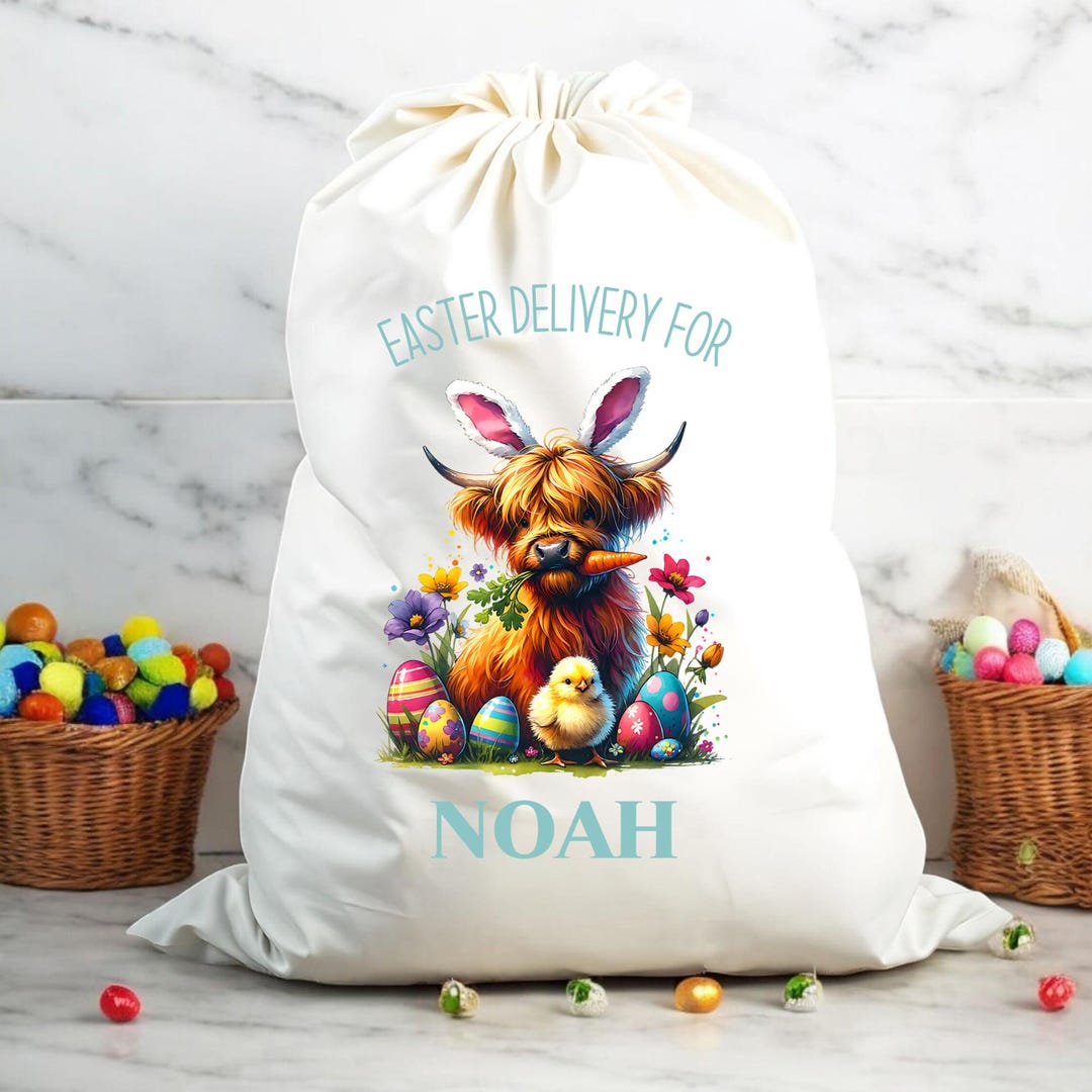Easter Sack Bag, Highland Cow Design, Kids Easter Delivery, Easter Gift ...