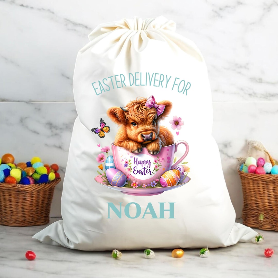 Easter Drawstring Bag, Highland Cow in Teacup, Kids Easter Basket, Easter Egg Hunt, Personalized ...