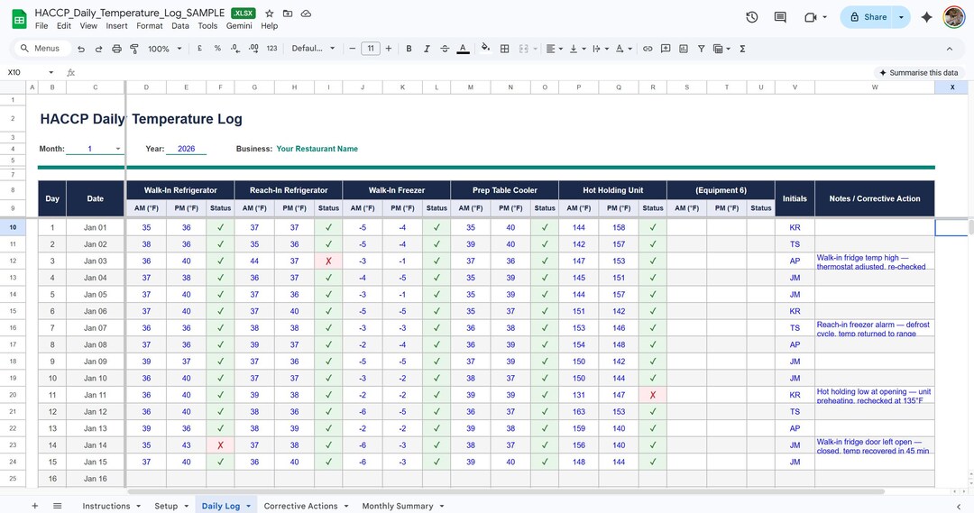 HACCP Temperature Log Spreadsheet for Restaurants | Daily Fridge ...