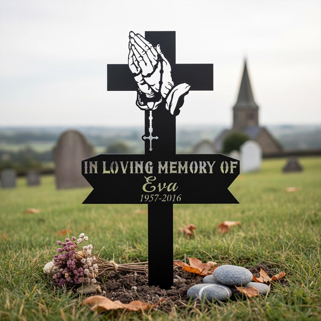 Cross With Praying Hand Memorial Metal Stake, Cross Stake, Praying Hand ...