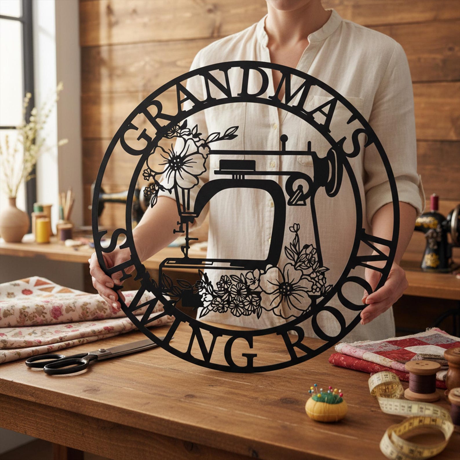 Personalised Metal Sewing Room Sign With Flower, Sewing Room Circular ...
