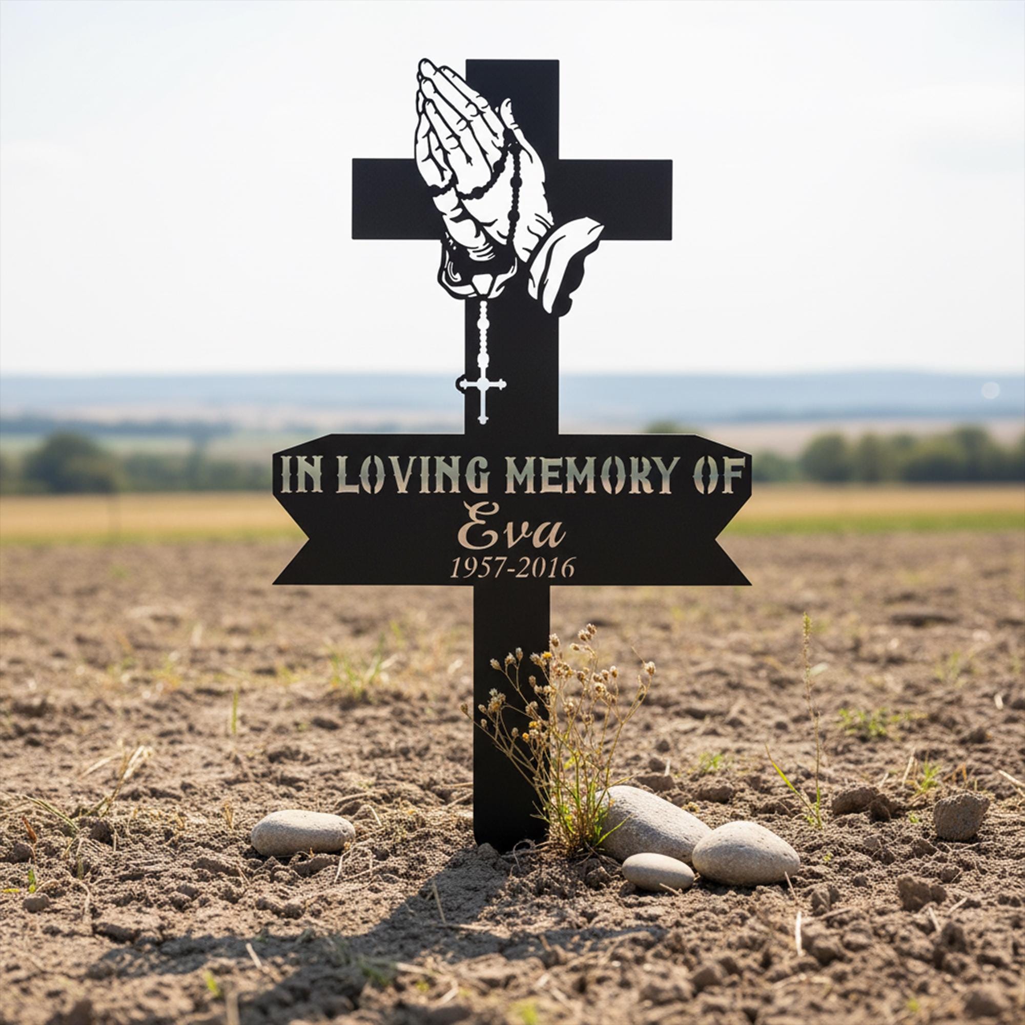 Cross With Praying Hand Memorial Metal Stake, Cross Stake, Praying Hand ...