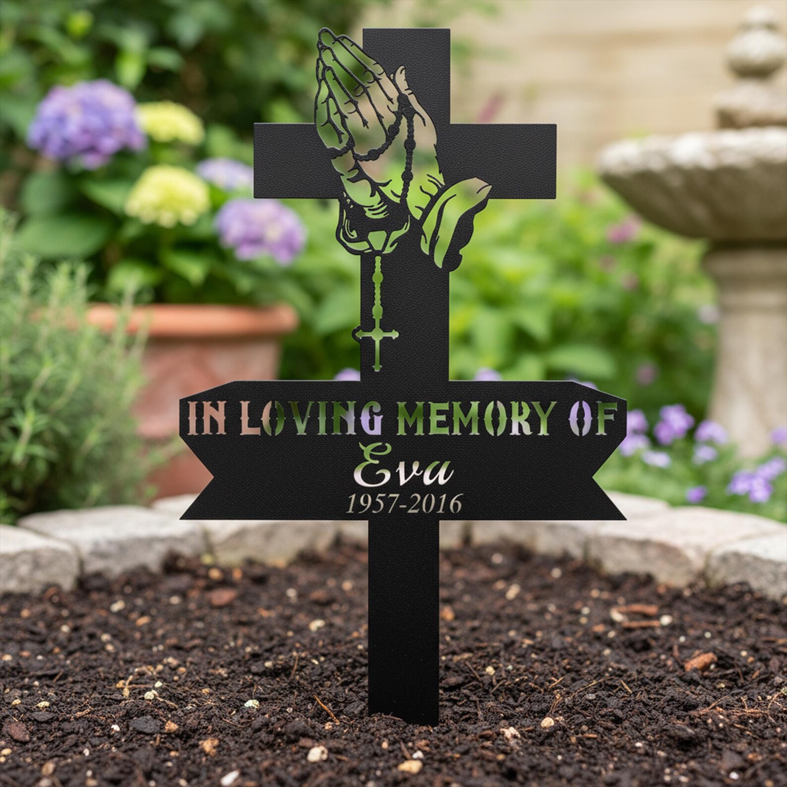 Cross With Praying Hand Memorial Metal Stake, Cross Stake, Praying Hand ...