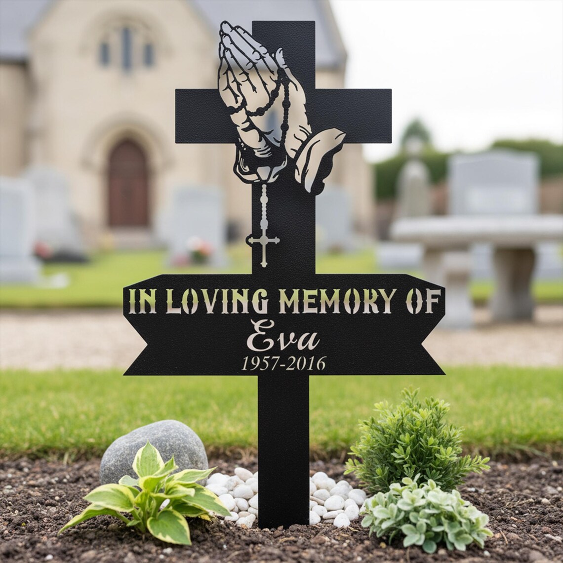 Cross With Praying Hand Memorial Metal Stake, Cross Stake, Praying Hand ...
