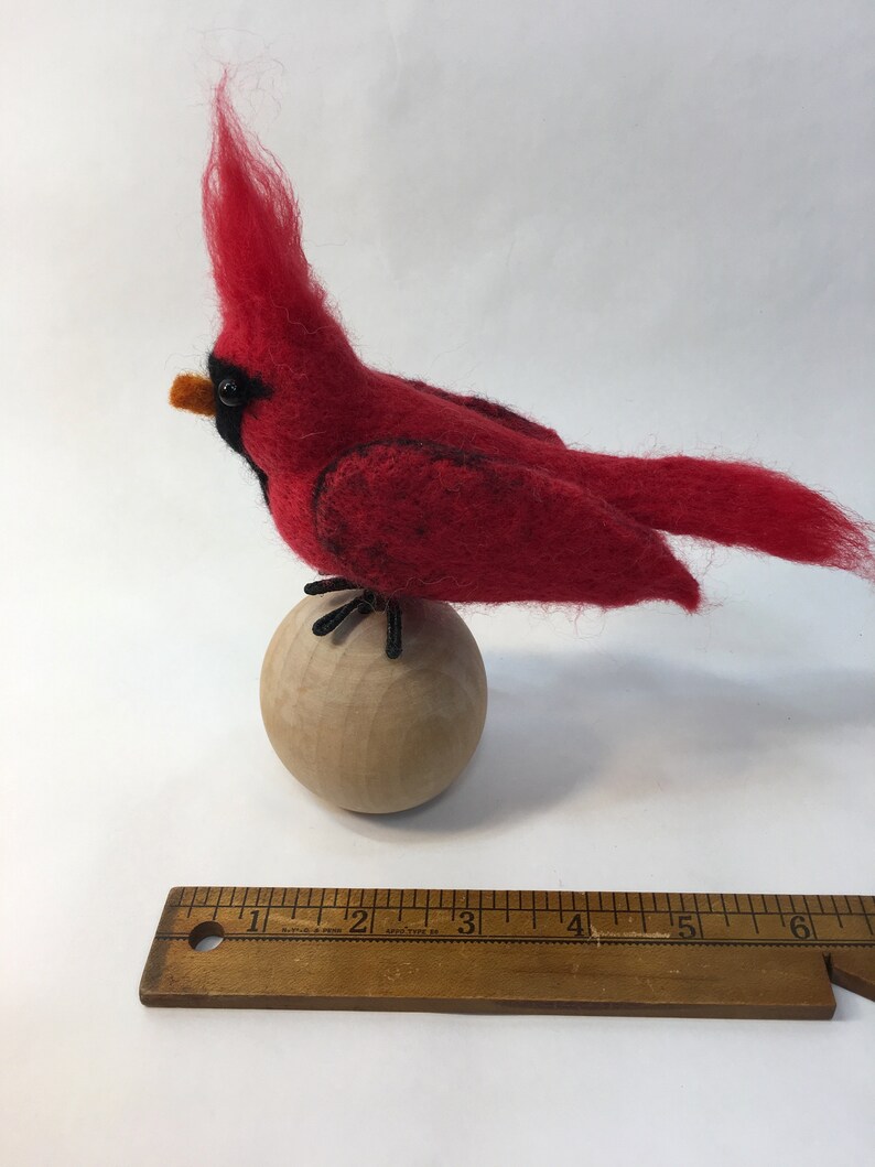 Handmade Needle Felted Red Cardinal Bird on Wood Ball Sphere 7 X 7 ...