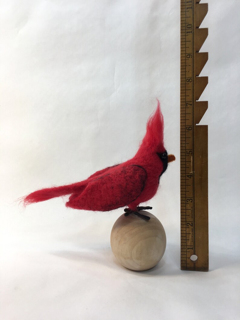 Handmade Needle Felted Red Cardinal Bird on Wood Ball Sphere 7 X 7 ...