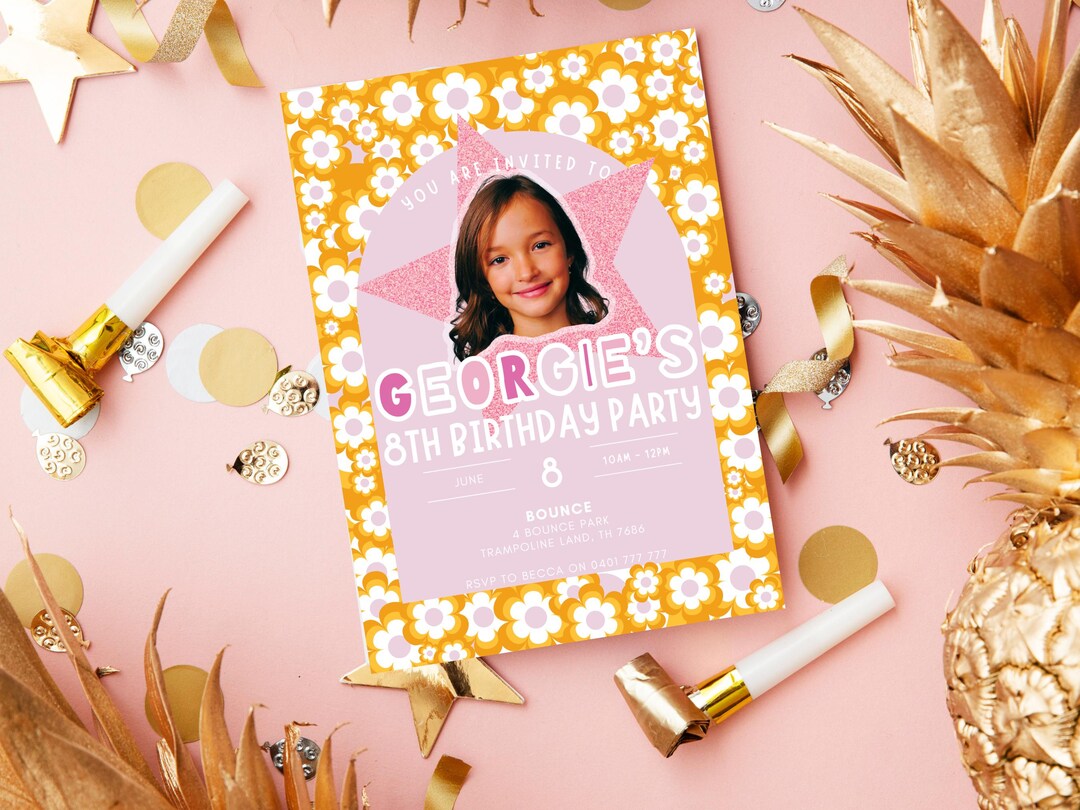 Groovy Flower Birthday Photo Invitation: Retro Girl Theme (digital File ...