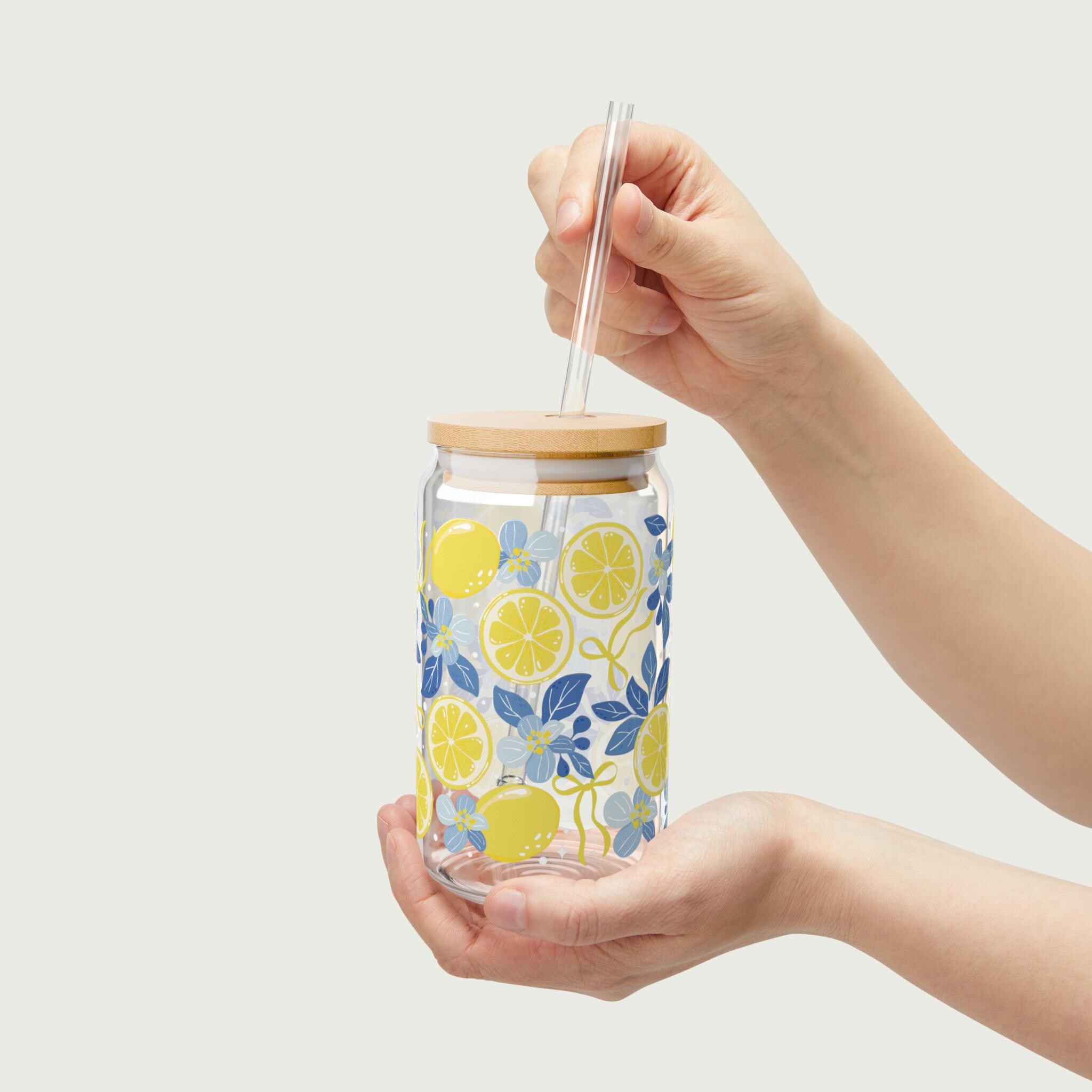 Lemon Glass Cup With Bamboo Lid and Straw, Cute Summer Glass Tumbler ...