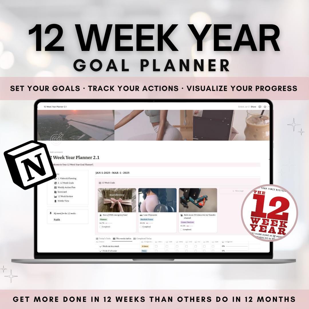 12 Week Year Notion Template 2025 | 90 Day Goal Setting Notion Planner Template | Digital ...
