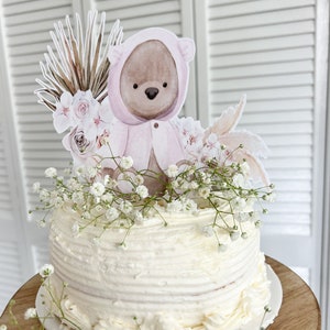 Pink Teddy Bear Cake Topper | Pastel Theme Baby Shower Decor, Diaper ...
